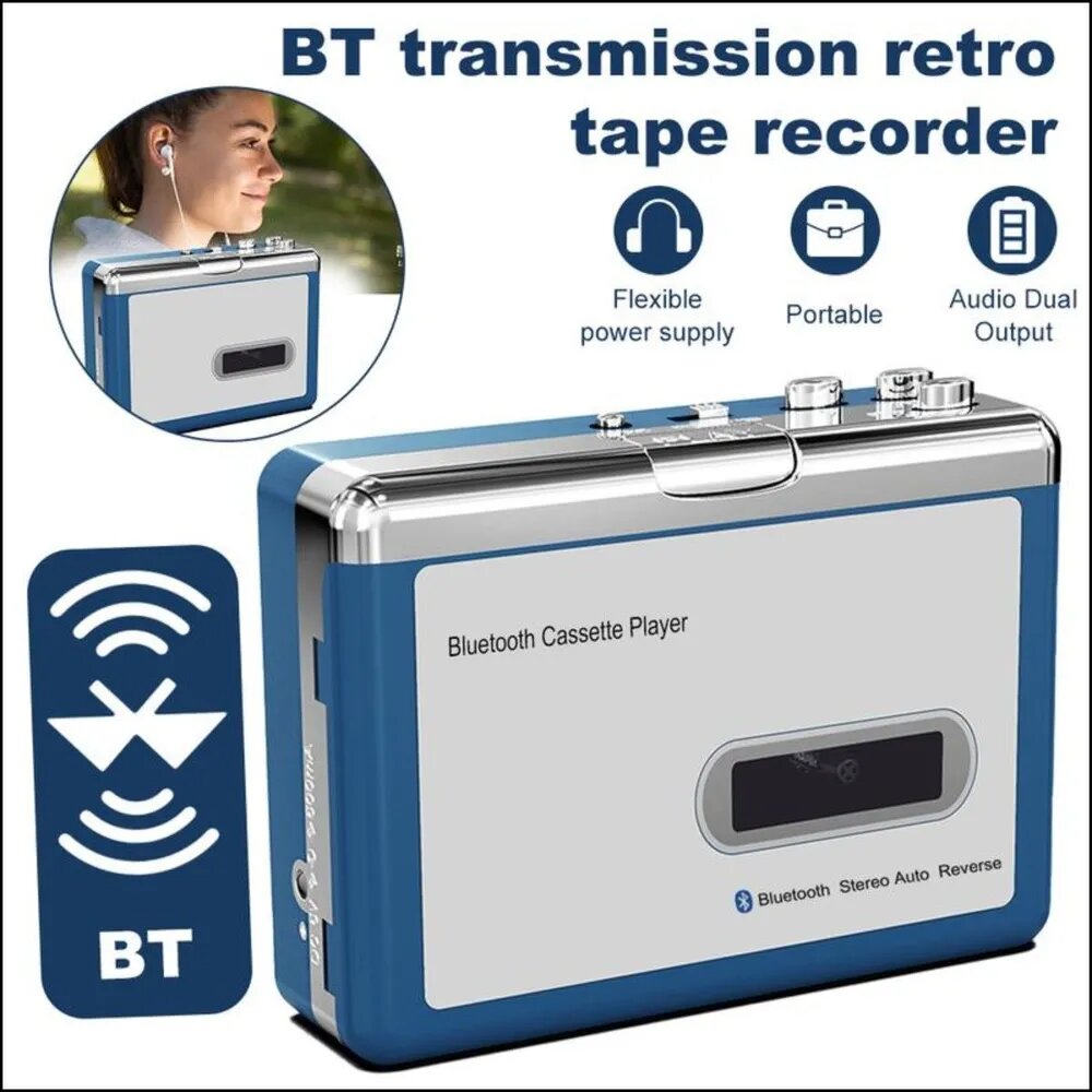 Кассетный плеер Bluetooth Stereo Audio Reverse с наушниками, Синий — фото 1