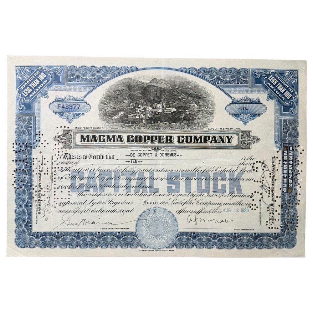 США, Magma Copper Company, сертификат на 10 акций 1930 г. (Серия F)