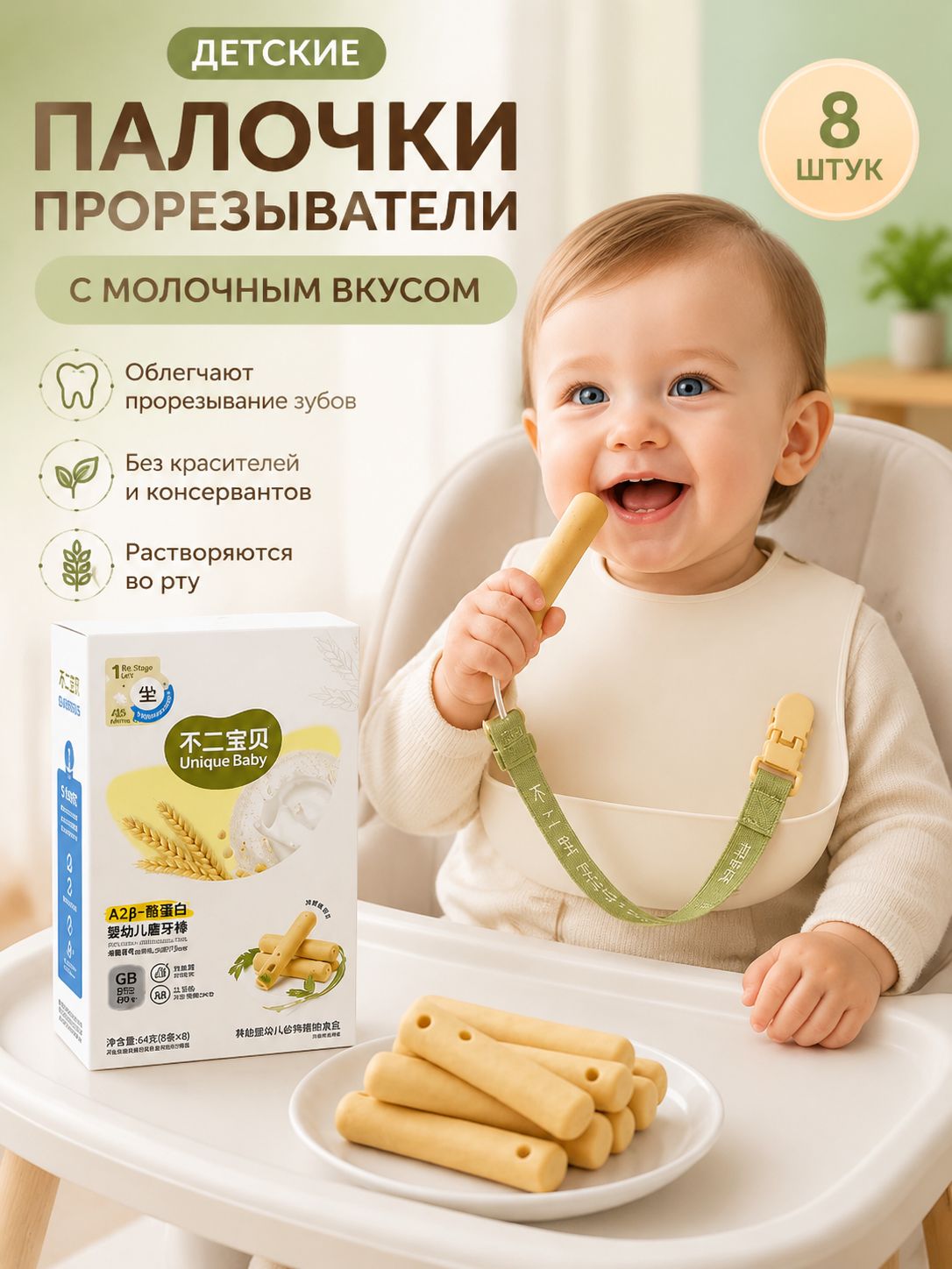 Детские палочки-прорезыватели с молочным вкусом, A2 -казеин, 6+, 8 шт по 8 г, с держателем