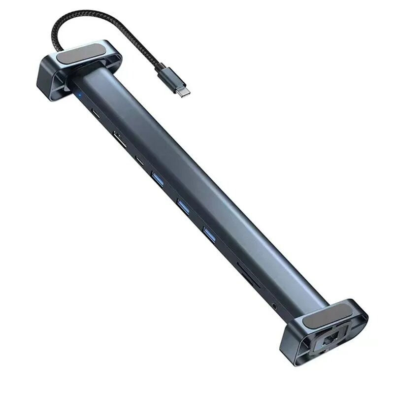 Док-станция usb-c "10-в-1" обеспечивает быструю зарядку pd 100 вт / usb 3.0, ethernet и подставку для ноутбука.