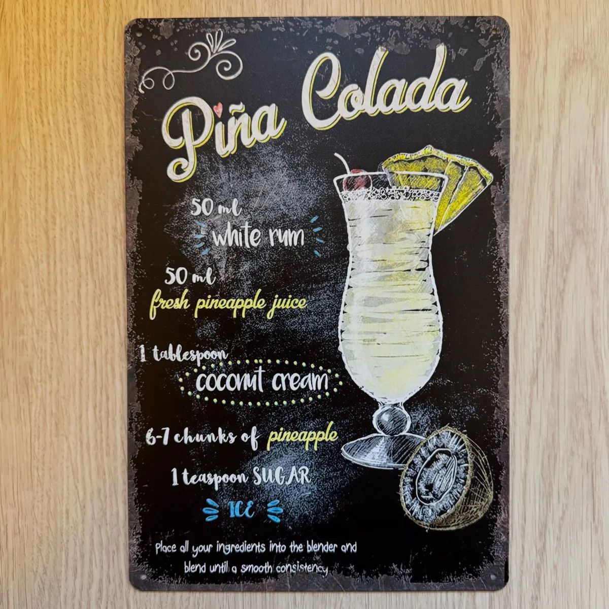 Табличка металлическая интерьерная Рецепт Коктейля Pina Colada Пина Колада