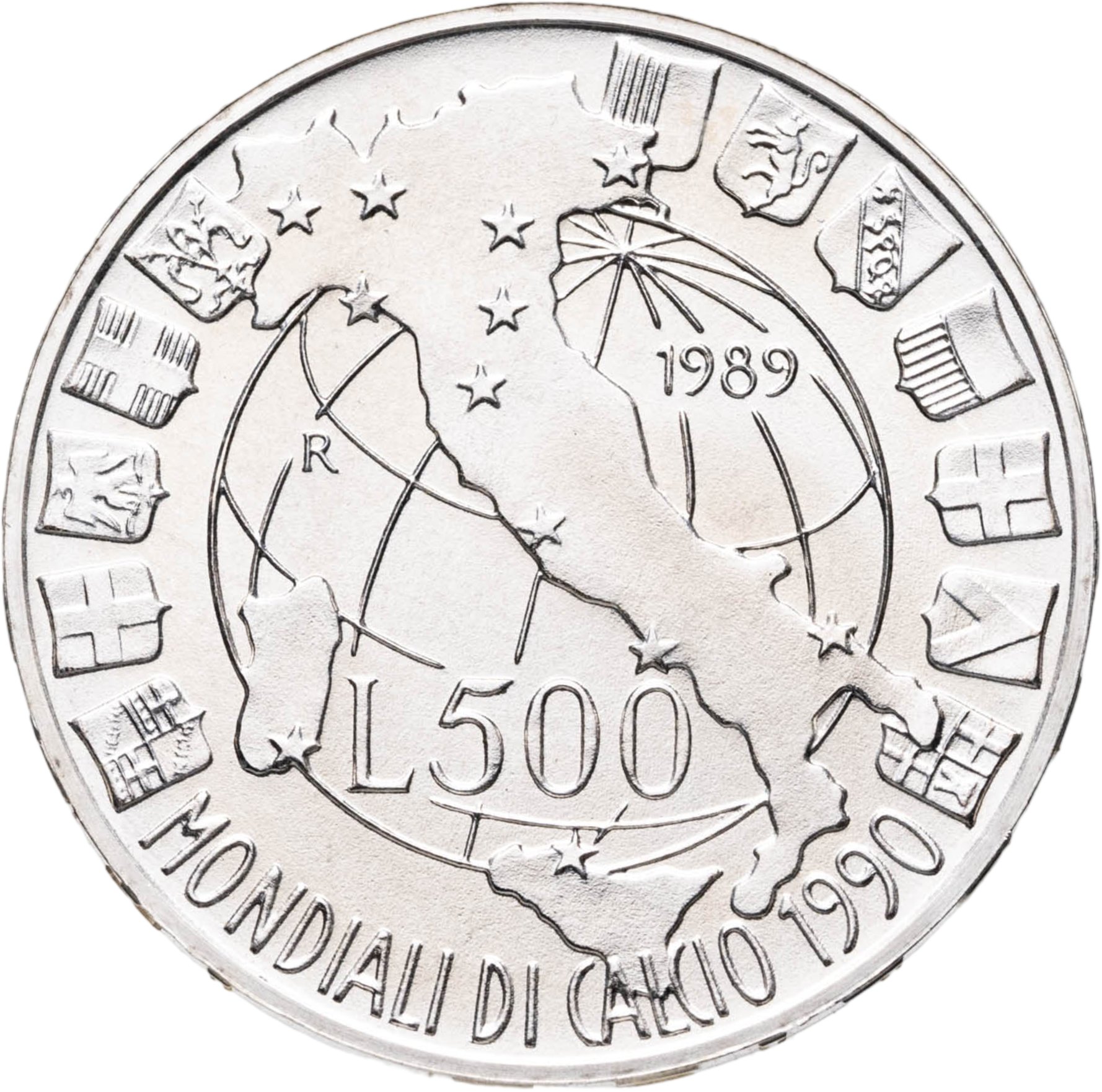 Италия 500 лир 1989 "Чемпионат мира по футболу 1990", Серебро 835, в сохранности UNC