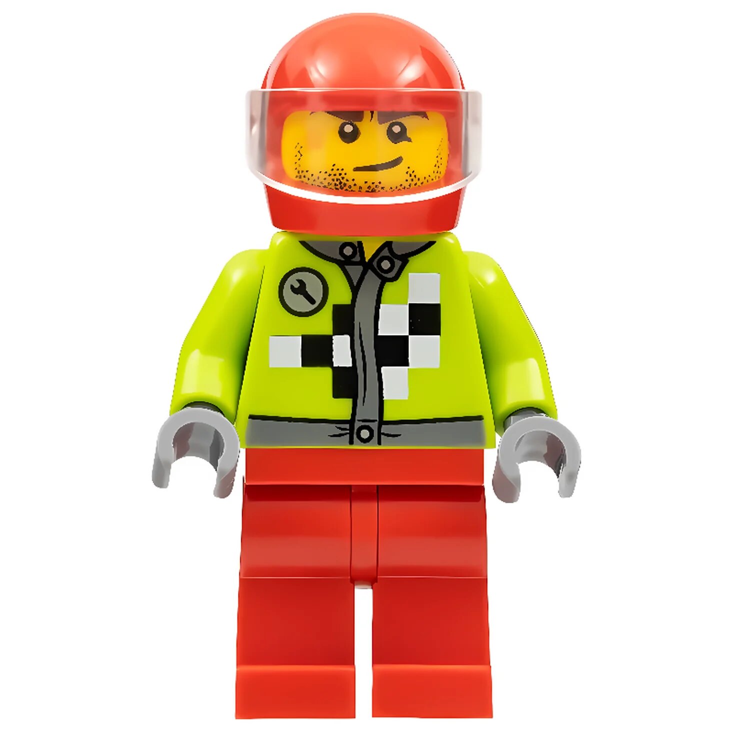 Минифигурка Lego City Lime Jacket with Wrench and Black and White Checkered Pattern, Red Legs, Red Helmet, Trans-Clear Visor rac061 U