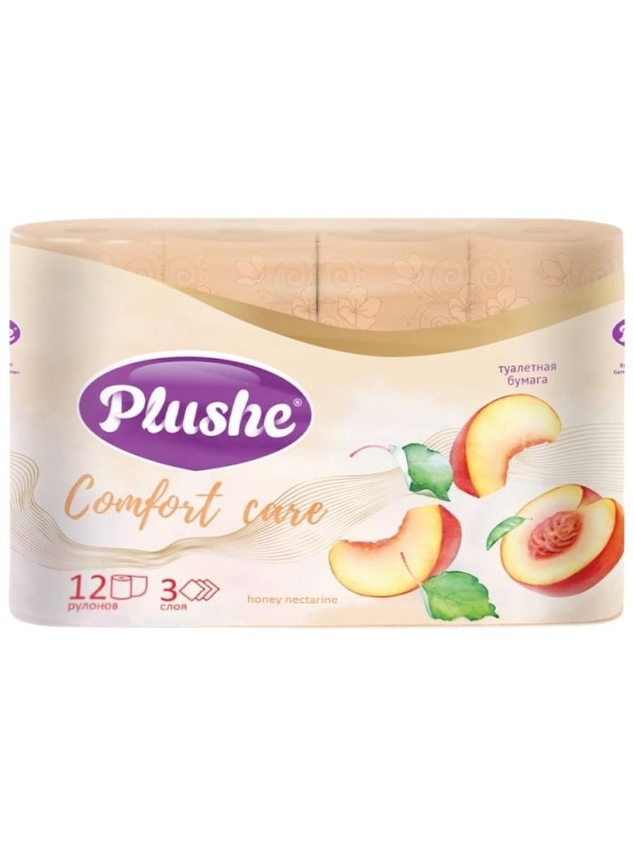 Plushe Comfort Туалетная бумага care Honey Nectarine, с ароматом персика,12 рулонов, 3 слоя