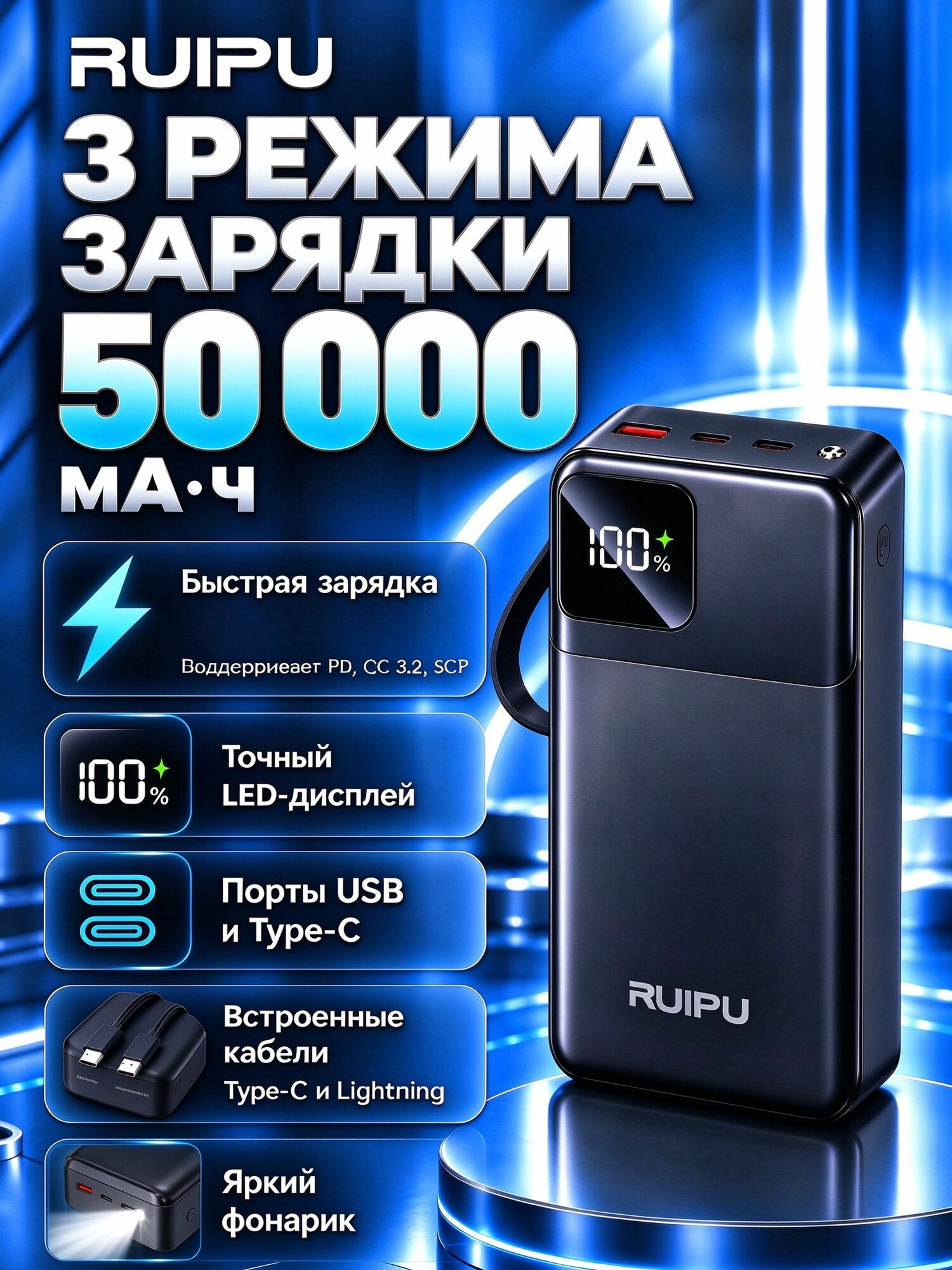 RUIPU Внешний аккумулятор, 50000 мАч, 22.5 Вт, черный