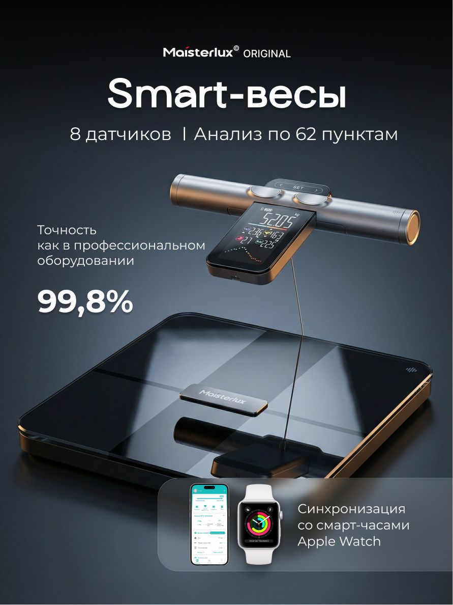 Умные напольные весы Maisterlux ScanBody PRO+, биоимпедансные, 62 параметра тела, нагрузка до 180 кг, Bluetooth