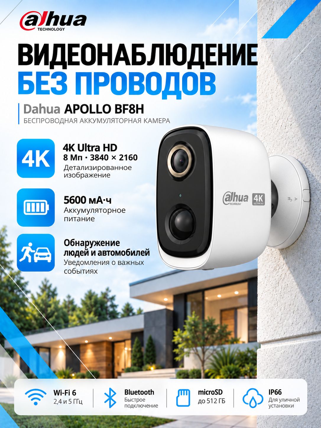 Камера видеонаблюдения WiFi с аккумулятором Dahua Apollo DH-BF8H 8 Мп, 2.1 мм, IP, уличная, белая