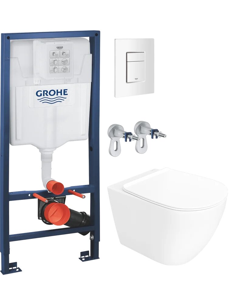 Инсталляция с унитазом комплект 4 в 1: Инсталляция Grohe Rapid SL 38772SH0 / Унитаз подвесной STWORKI Готланд S13401WH / Кнопка белая, Комплект креплений