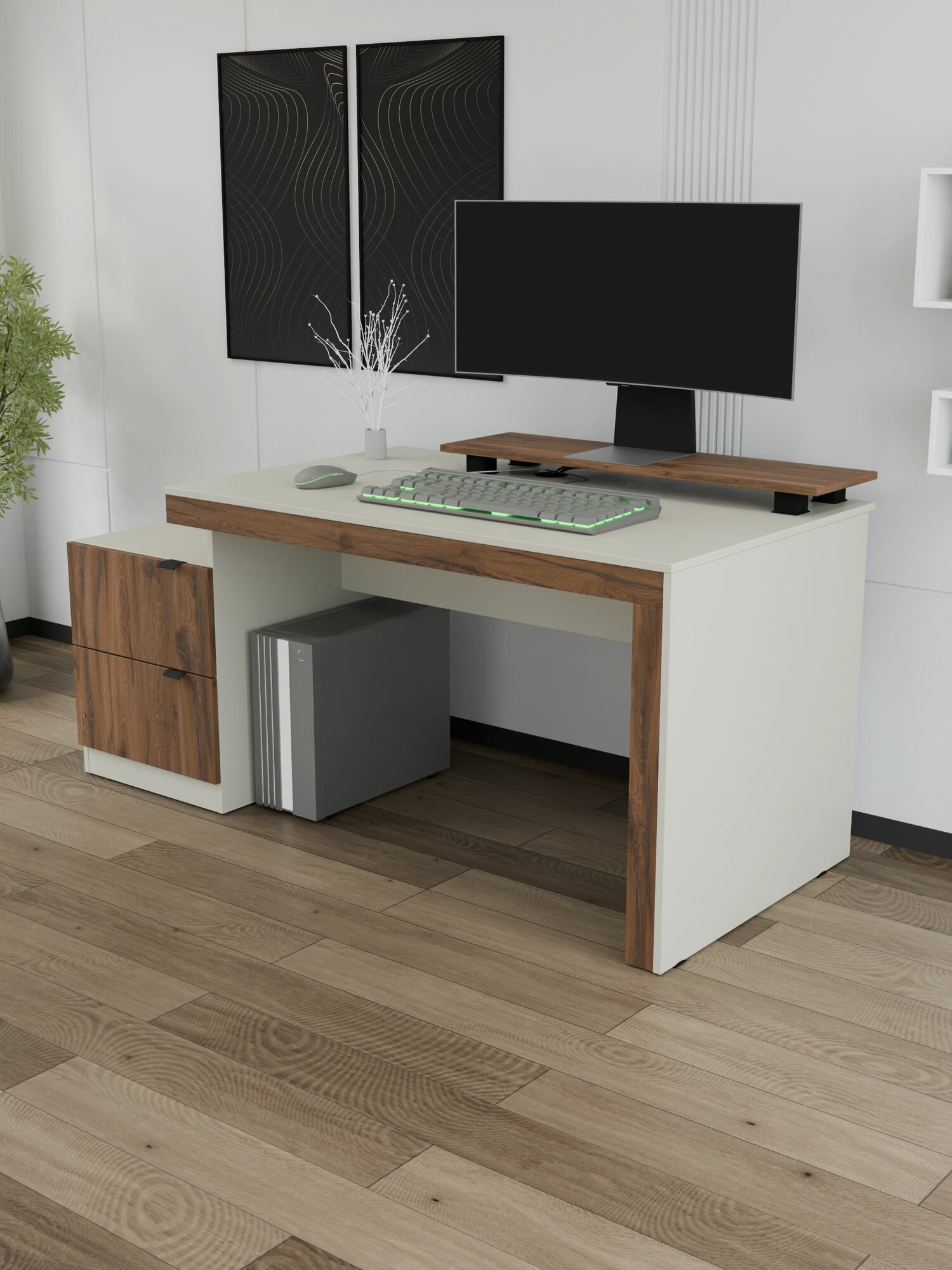 Изумлит Стол компьютерный для офиса и дома Вертикаль Компакт Лайт 165х73х74.5 см, тумба слева, бежевый-дуб крафт табачный