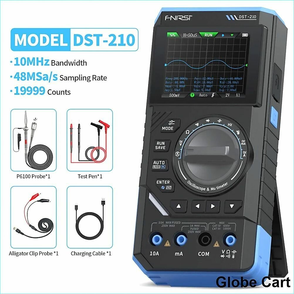 FNIRSI DST210 Трехфункциональный цифровой мультиметр/генератор сигналов, 19 999 отсчетов, полоса пропускания 10 МГц, 48 МГц/с, портативный автомобильный мультиметр/генератор сигналов