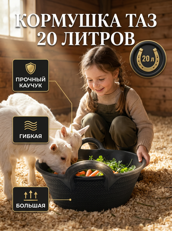 Кормушка резиновая таз, D дна 37 см, D верха 48 см, h 17 см, объём 20 л, каучук толщиной 7,2 см, Китай