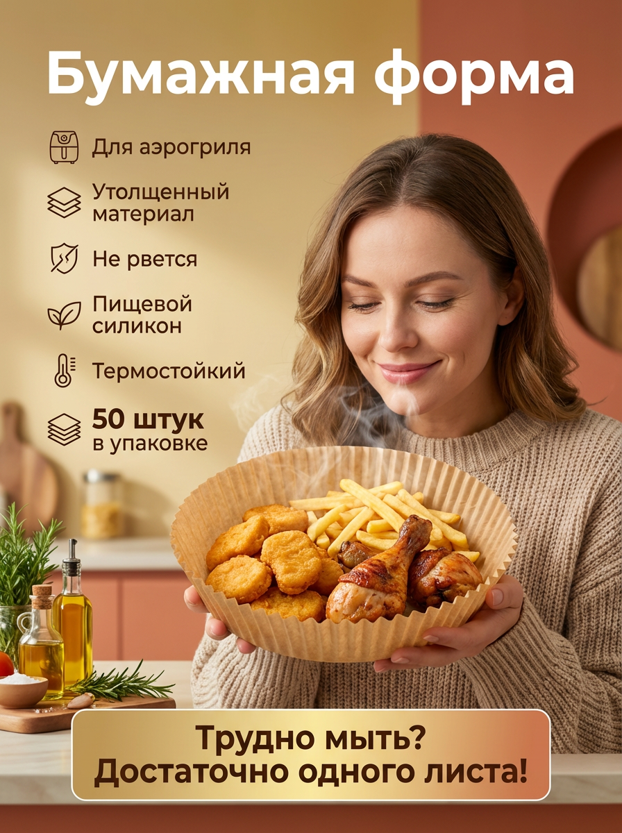 Пергамент вкладыш для аэрогриля, пергаментная бумага для выпечки, форма для выпечки бумажная, цвет бежевый, 20 см, 50 шт