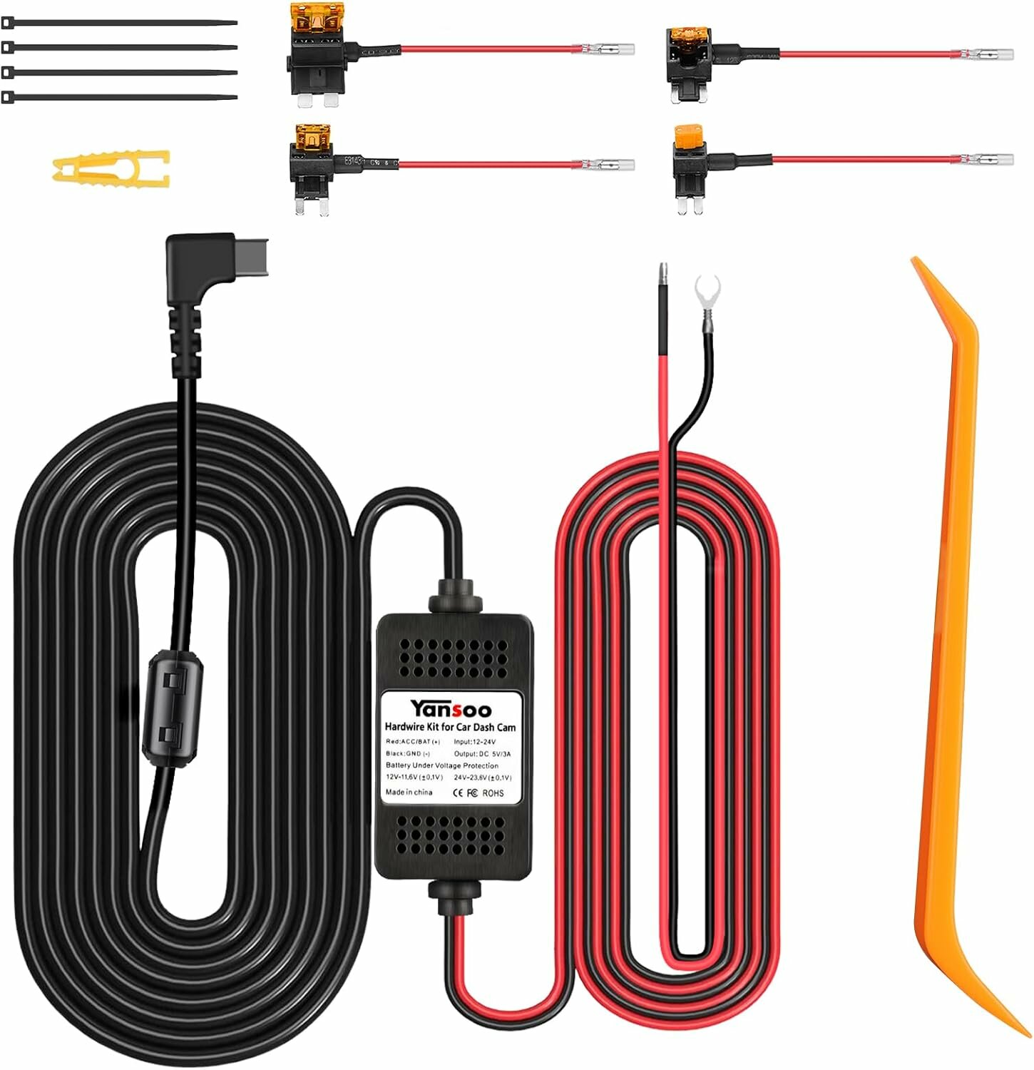 Комплект проводов для видеорегистратора USB C, комплект жестких проводов Type-C длиной 13 футов для видеорегистратора, к