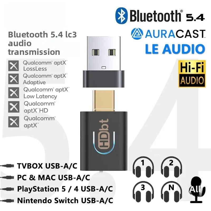 Bluetooth 5.4 Аудио передатчик USB-A/C, Hi-Fi, Auracast, Цвет: E