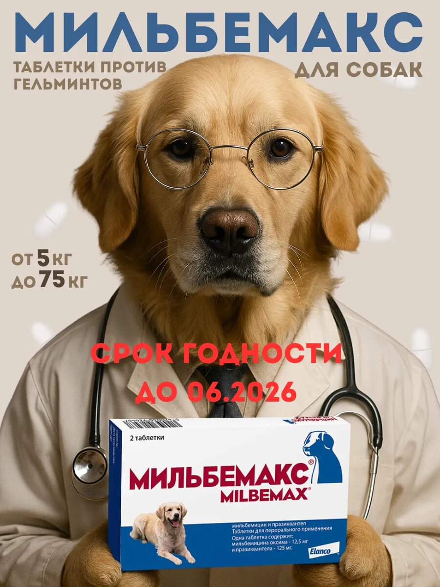 Мильбемакс, таблетки от гельминтов для крупных собак, 2 шт