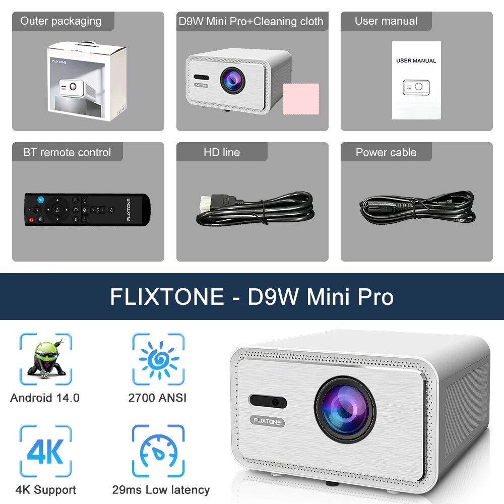 Проектор Flixtone D9W Mini Pro 2700 ANSI, Full HD 1080P, 4K, для фильмов, Android Smart D9W MINI Pro