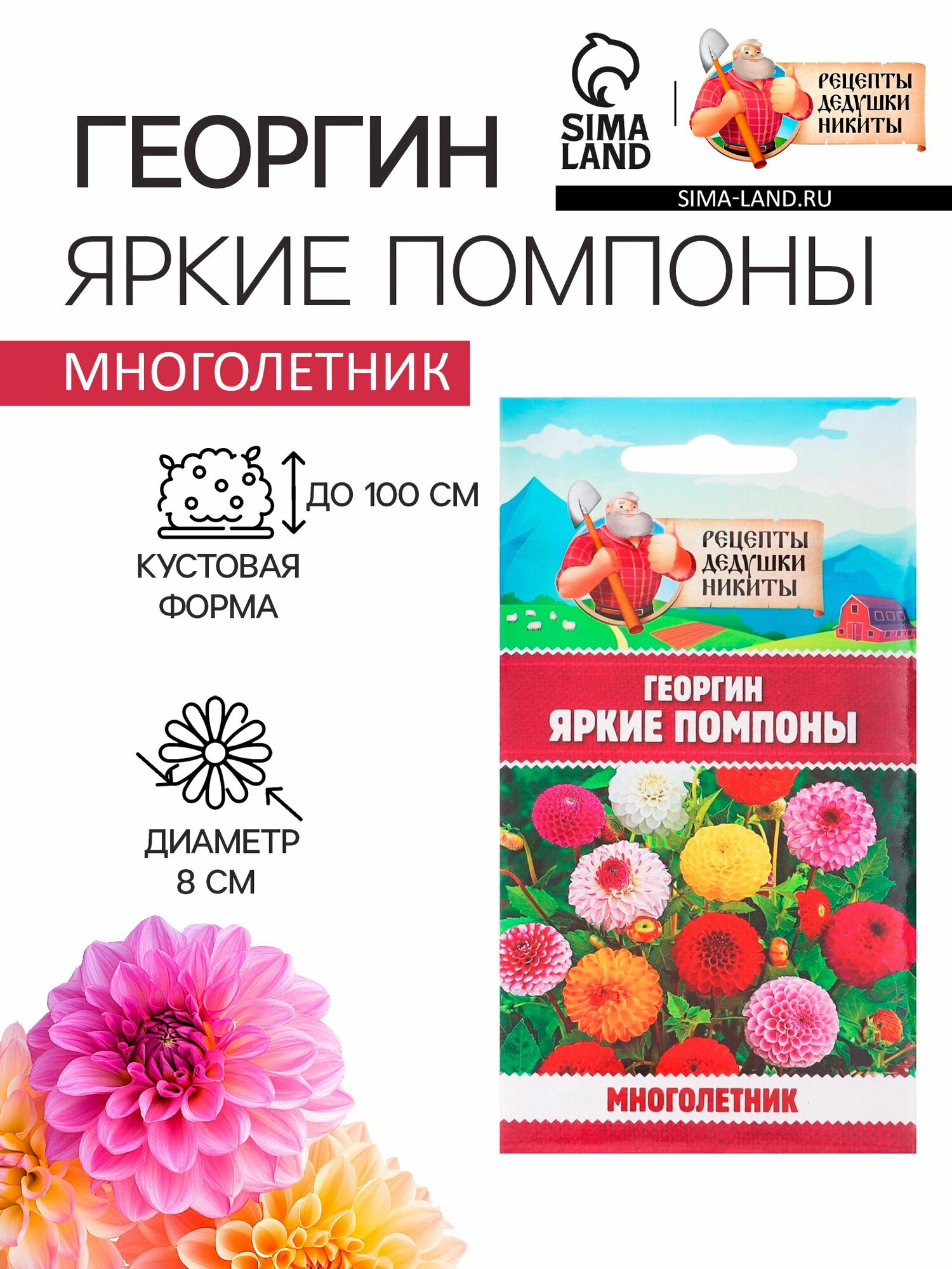 Семена цветов Георгин "Яркие помпоны", 0.3 г, вид: георгина, посев на рассаду: апрель