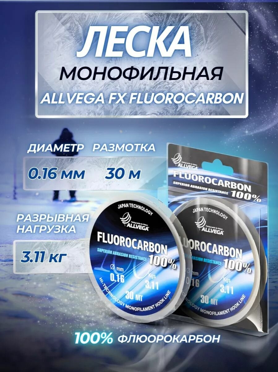 Леска для зимней рыбалки Флюорокарбон 100% 30м 0,16мм 3,11кг