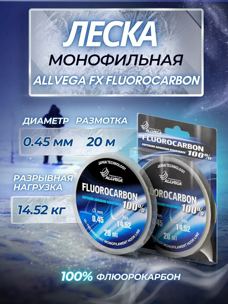 Леска для зимней рыбалки Флюорокарбон 100% 20м 0,45мм 14,52кг