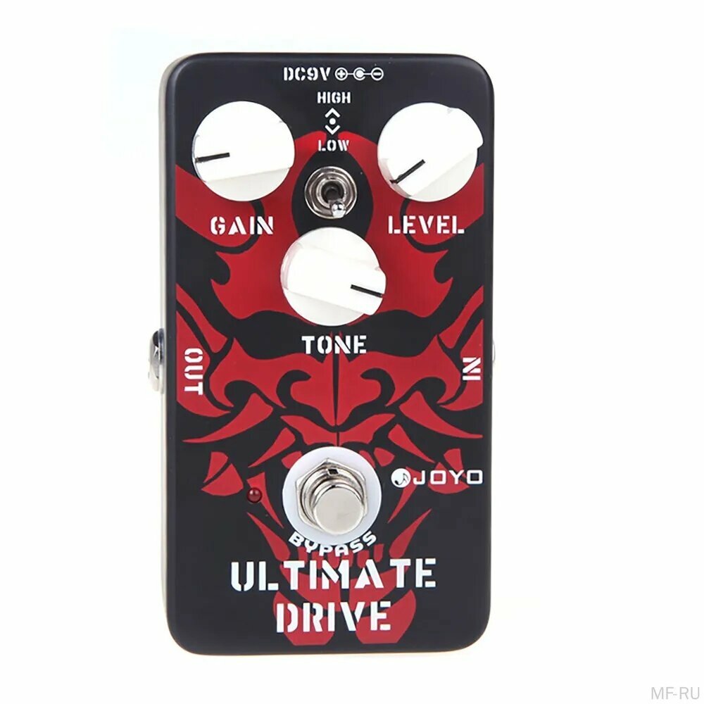 Педаль эффекта для гитары перегруждения Joyo Ultimate Drive, цвета черный и красный, материал алюминиевый сплав, входное сопротивление 1 МОм, вес 301 грамм