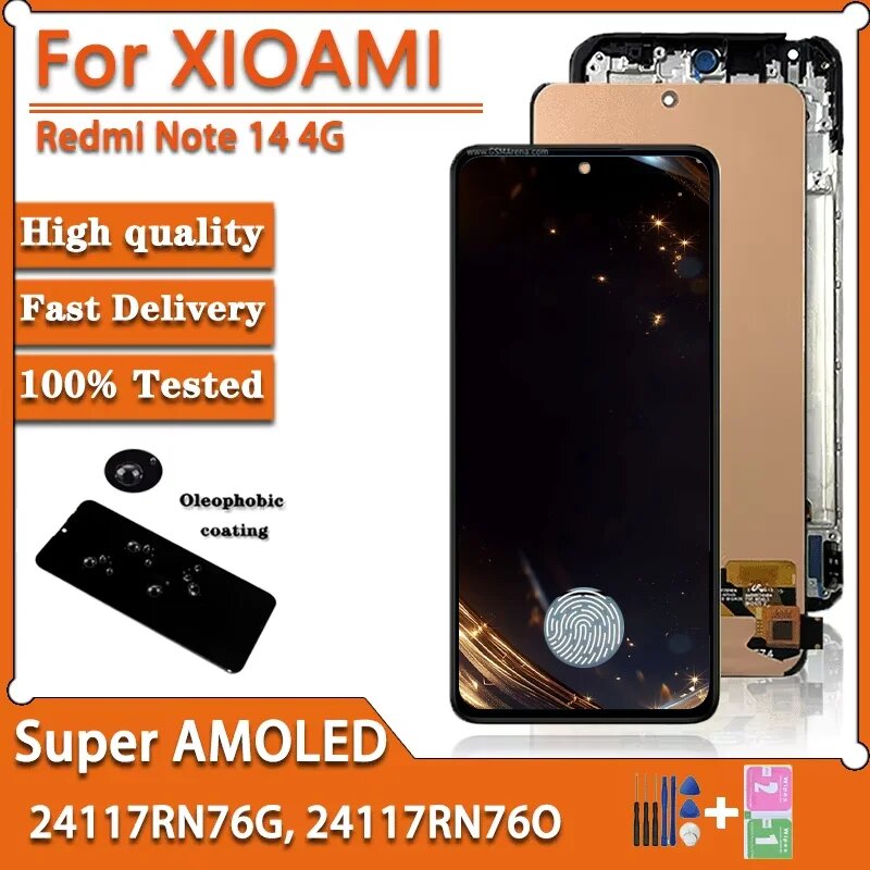 100% протестировано для Xiaomi Redmi Note 14 4G 24117RN76G, ЖК-дисплей, сенсорная панель, дигитайзер для Redmi Note 14 4G, европейская версия