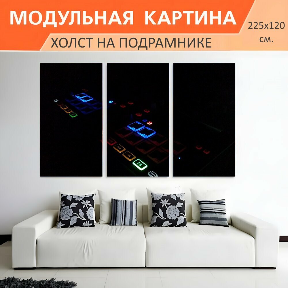 Модульная картина на холсте "Диджей, контроллер, темнота" триптих на подрамнике 225х120 см. для интерьера