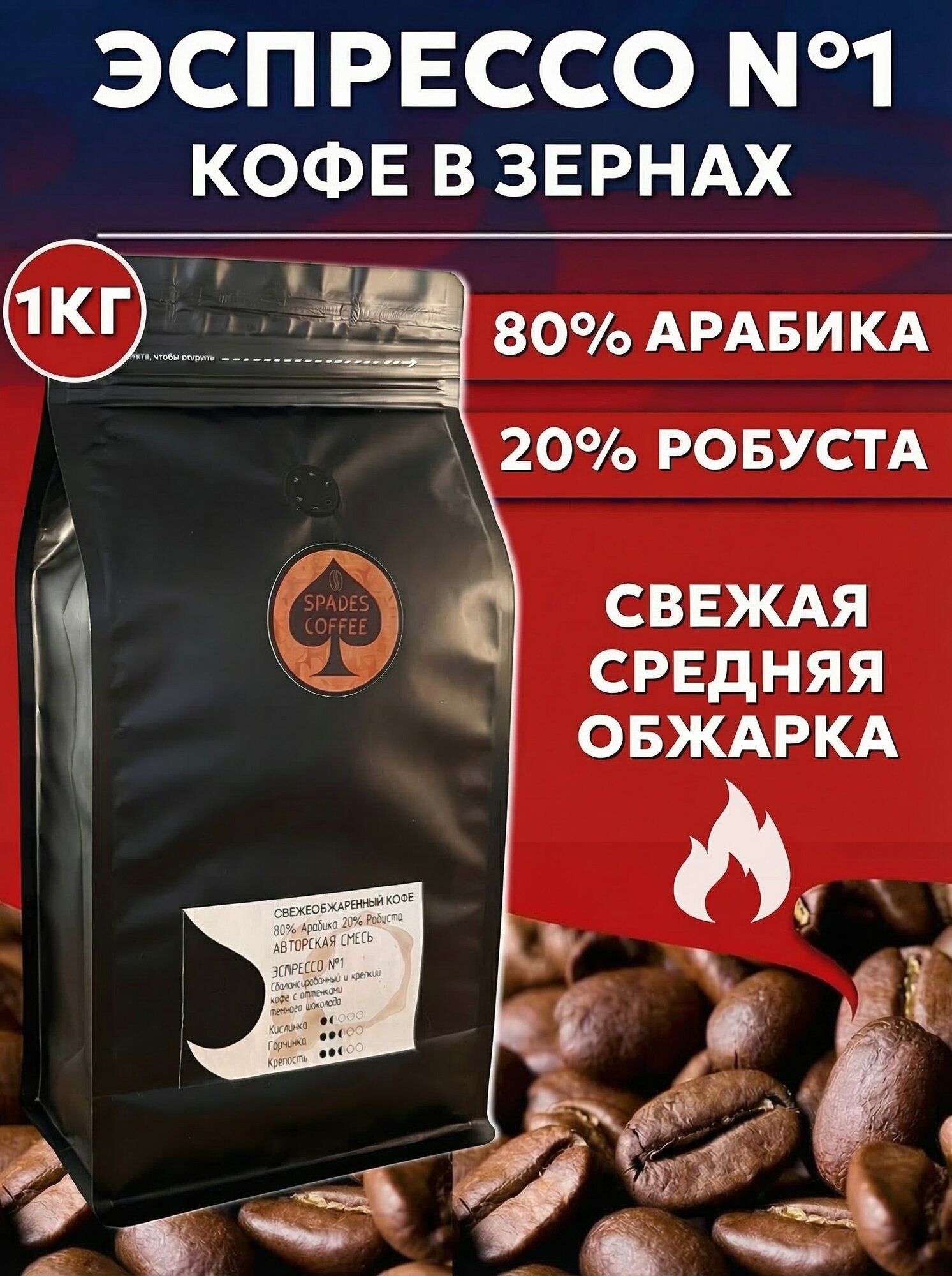 Кофе в зернах Spades-Coffee Эспрессо №1, 80% арабика, 20% робуста, свежеобжаренный, 1 кг