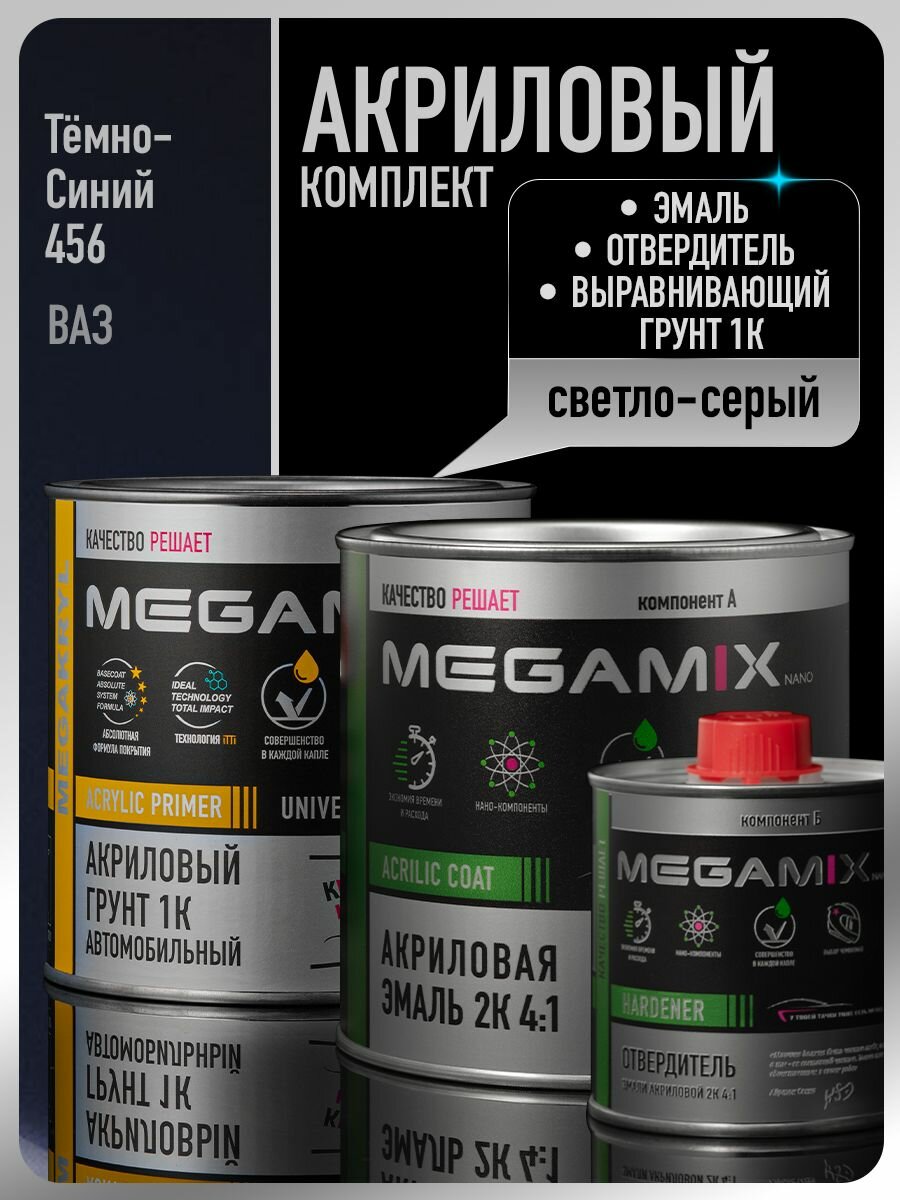 Комплект Акриловая краска автомобильная 2К , Темно-синяя 456, 840мл + Отвердитель 2K 210 мл + Грунт акриловый 1К , светло-серый, 800 г