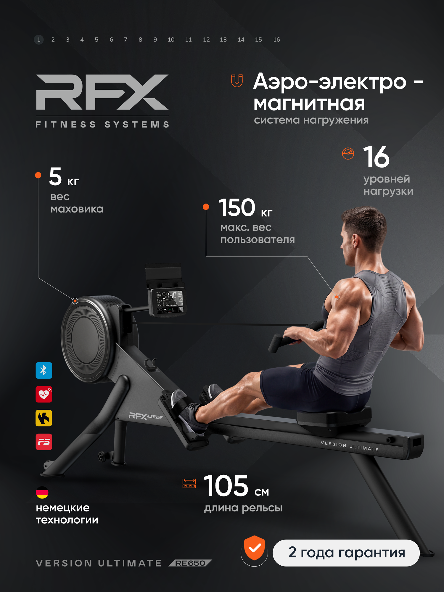 Гребной тренажёр аэромагнитный для дома RFX RE650 до 150 кг, вес маховика 5 кг, 16 уровней нагрузки