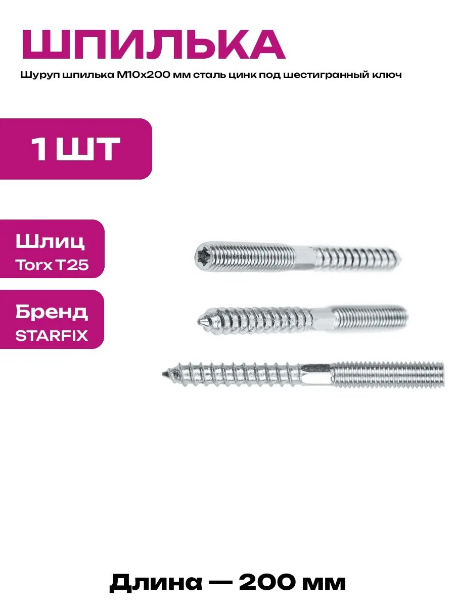Шпилька шуруп М10х200 сталь оцинкованная под ключ со шлицем