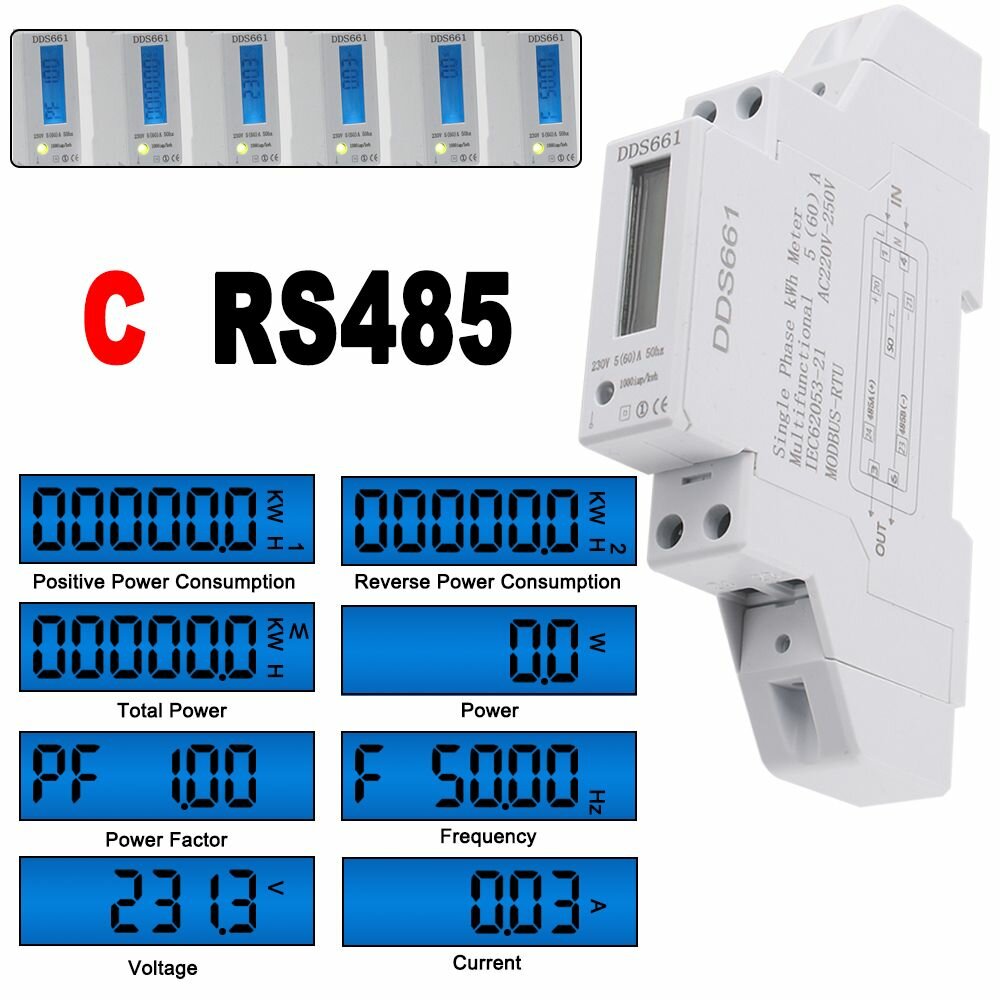 230VAC 5(60)A 50Hz 1000imp/kwh однофазный ЖК-цифровой счетчик киловатт-часов, счетчик электроэнергии (c RS-485, DIN-рейка) - 1 шт.