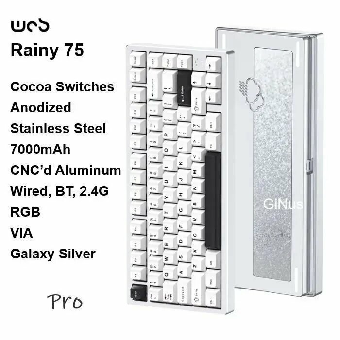 WOB Игровая клавиатура беспроводная WOW Игровая клавиатура беспроводная Rainy75 Pro, Galaxy Silver, RGB, Color Swatches, Anodized, Английская раскладка, Английская раскладка, белый, зеркальный