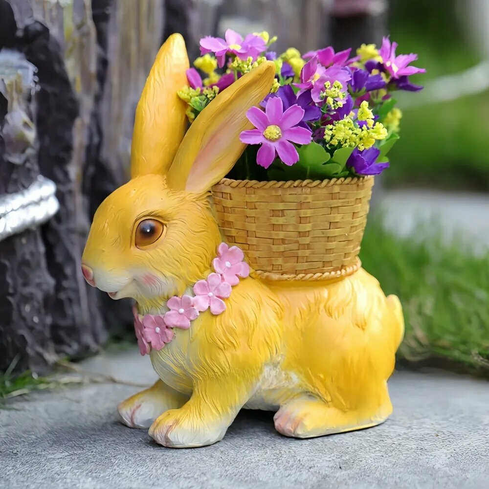 Фигурка-кролик из прочной смолы с кашпо, солнцестойкая для сада и балкона