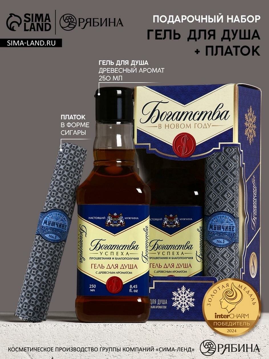Подарочный набор новогодний «Богатства в Новом году»: гель, аромат древесный, 250 мл; платок в форме сигары