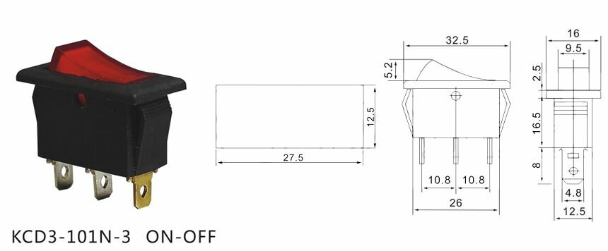 2шт. Тумблер KCD3-101/N on-off red 15A/250V Клавишный переключатель выключатель с подсветкой,