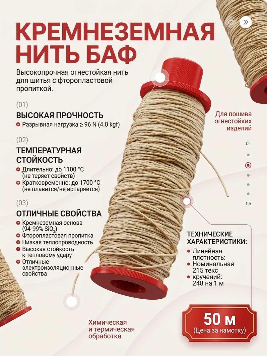 Высокопрочная кремнеземная огнестойкая нить К11С6-170 S 250 БАФ (50 м)