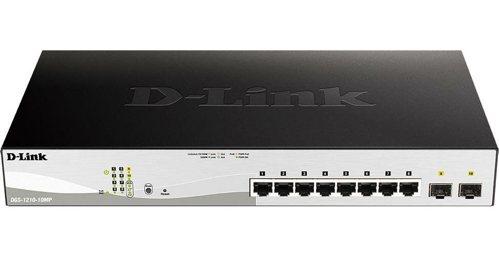 Коммутатор 10-портовый D-Link DGS-1210-10MP/F3A (L2), 8x1Гбит/с 2SFP 8PoE 130W, PoE