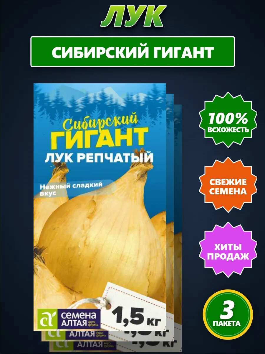 Семена лука Сибирский Гигант (3 пакета) для теплицы и открытого грунта, Семена Алтая