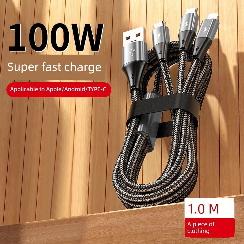100 Вт сверхбыстрая зарядка 3-в-1 USB-C кабель для iPhone, Samsung, Android, iPad, 1 шт, космический серый