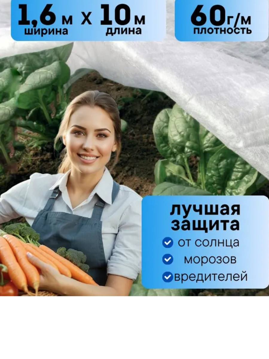 Спанбонд белый 60 /Геотекстиль садовый для дорожек / Агроткань от сорняков (1.6м/10м.60гр)