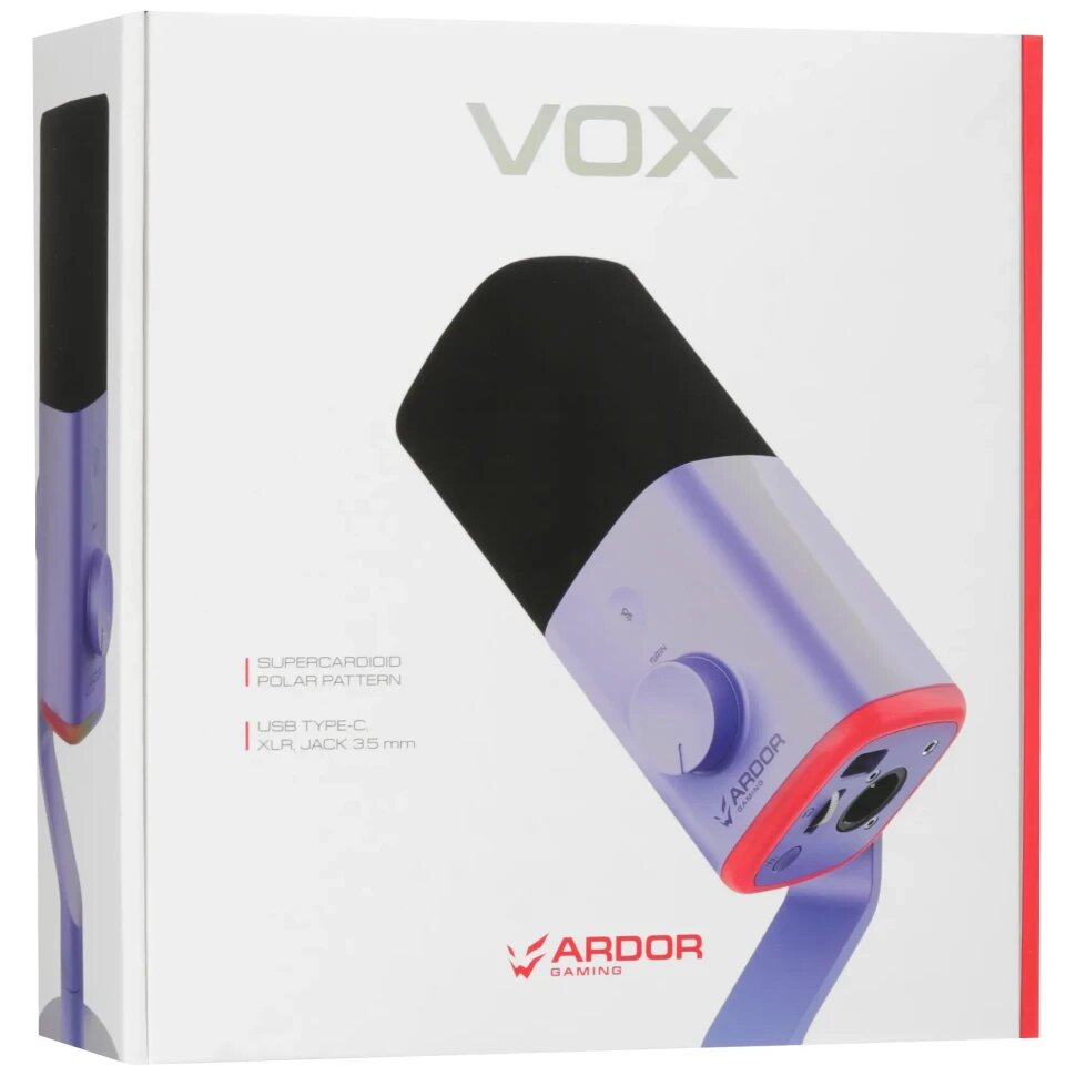 Микрофон Ardor Gaming Vox фиолетовый, настольный, суперкардиоидный