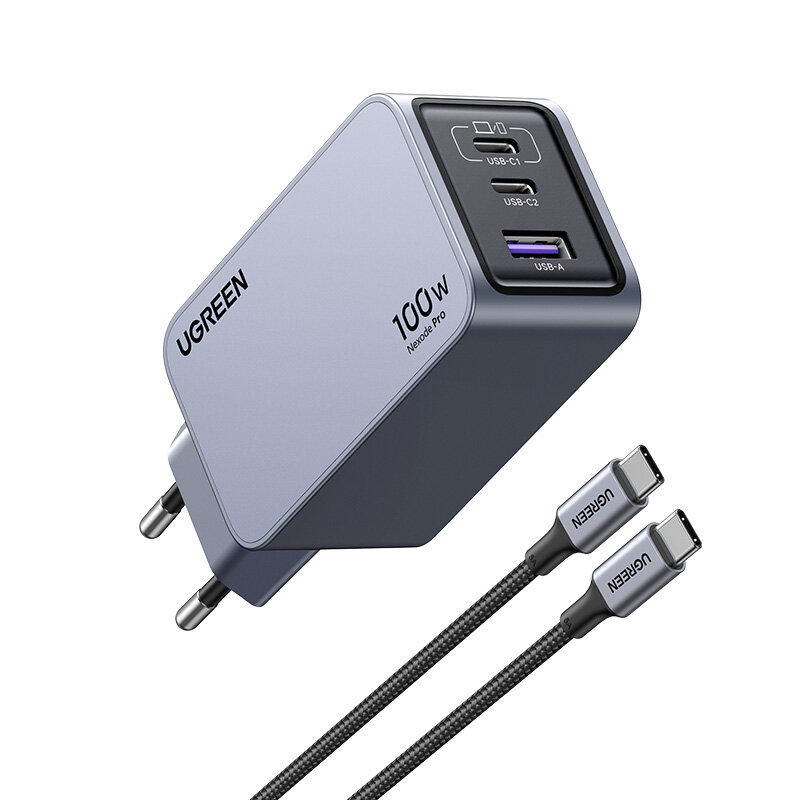 Ugreen X757 Сетевое зарядное устройство, USB 2.0 Type-A, USB Type-C, быстрая зарядка, 100 Вт, с кабелем в комплекте, 25874, серый