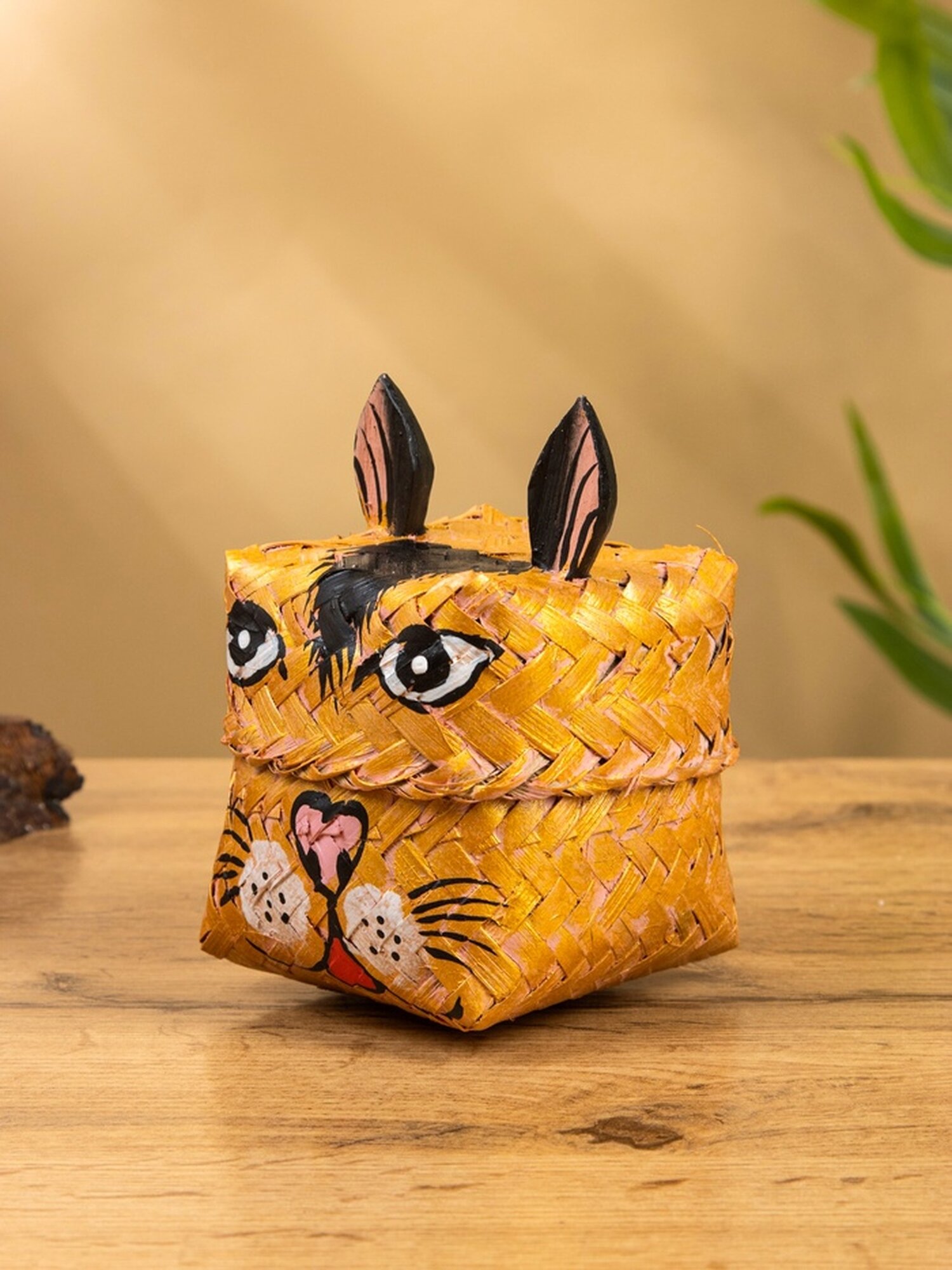 Корзинка «Кот», бамбук, квадратная, цвет рыжий, 10 x 10 x 13 см