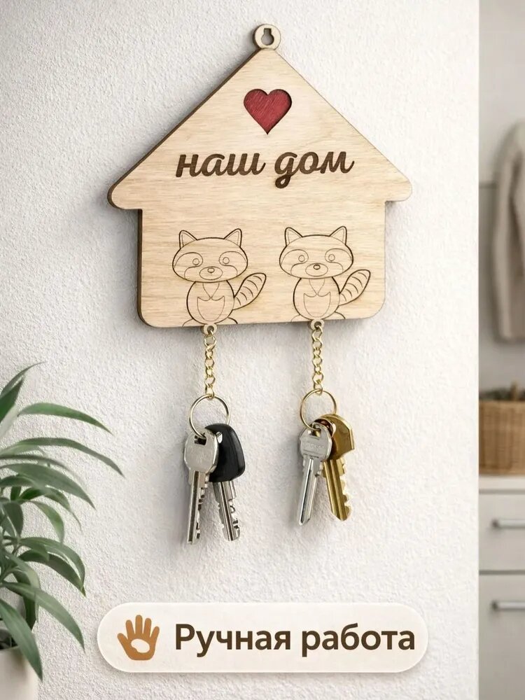 Деревянная ключница настенная «Еноты» — ручная работа, для пары, подарок на новоселье и праздники, с брелками-енотами (2 шт)