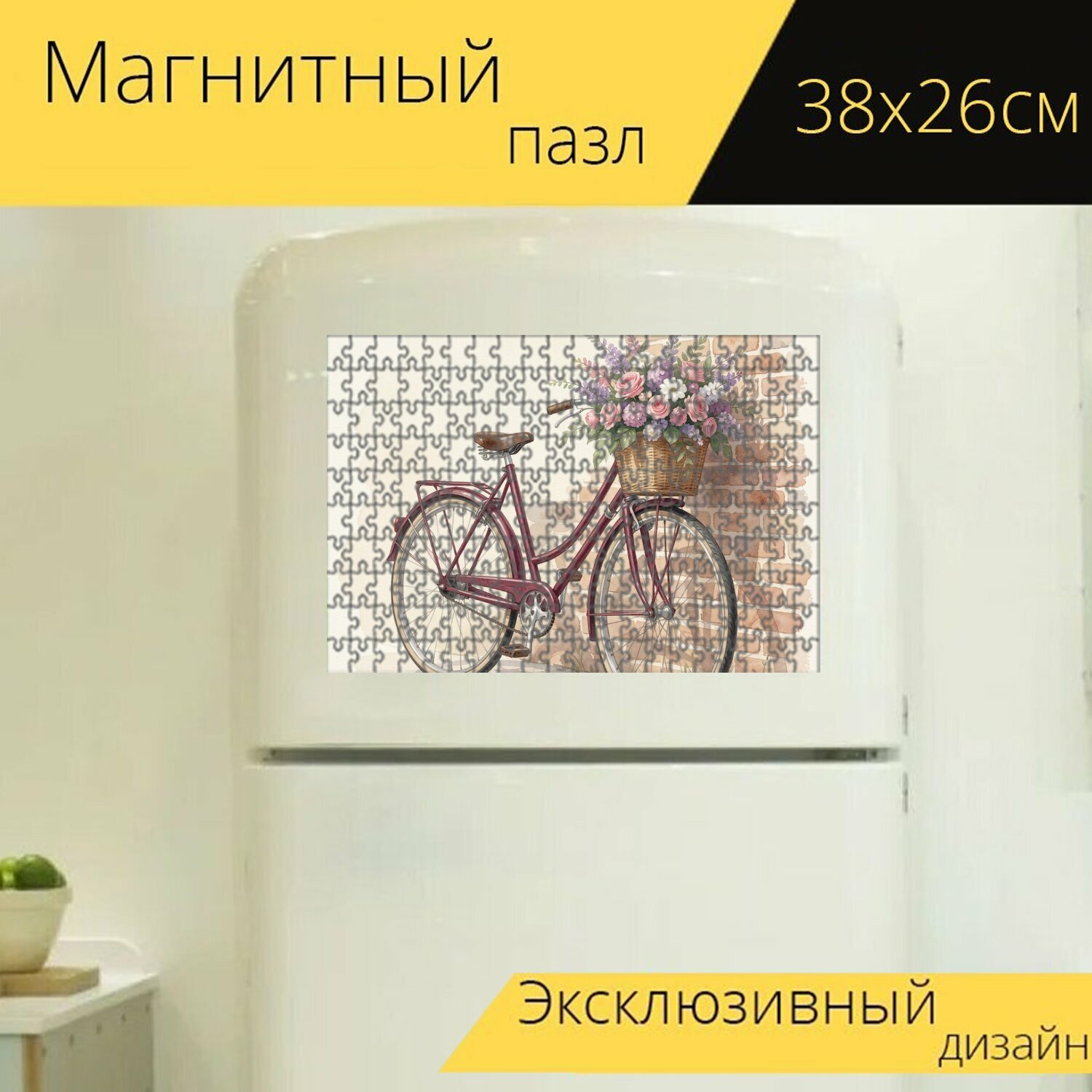 Магнитный пазл "Винтажный велосипед с цветами. Ретро-велосипед у кирпичной стены, украшенный пышной корзиной с розовыми, лиловыми и белыми цветами. Нежная." для интерьера, 38х26 см.