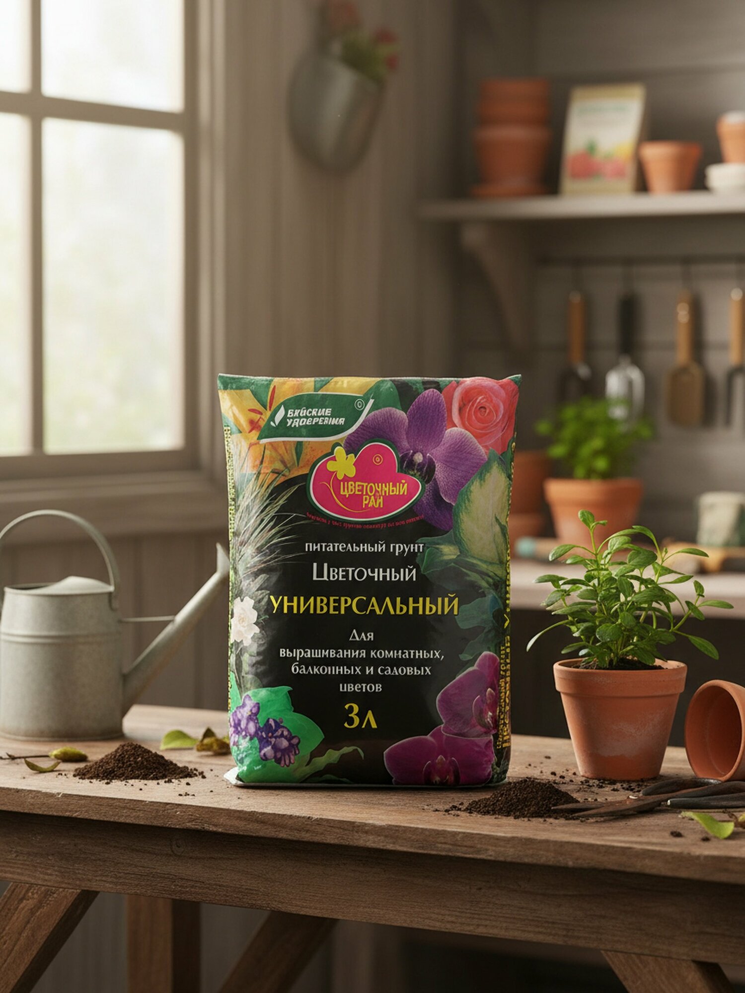 Грунт Цветочный универсальный Буйский химический завод 3 л для комнатных и садовых цветов, слабокислый торфяной субстрат