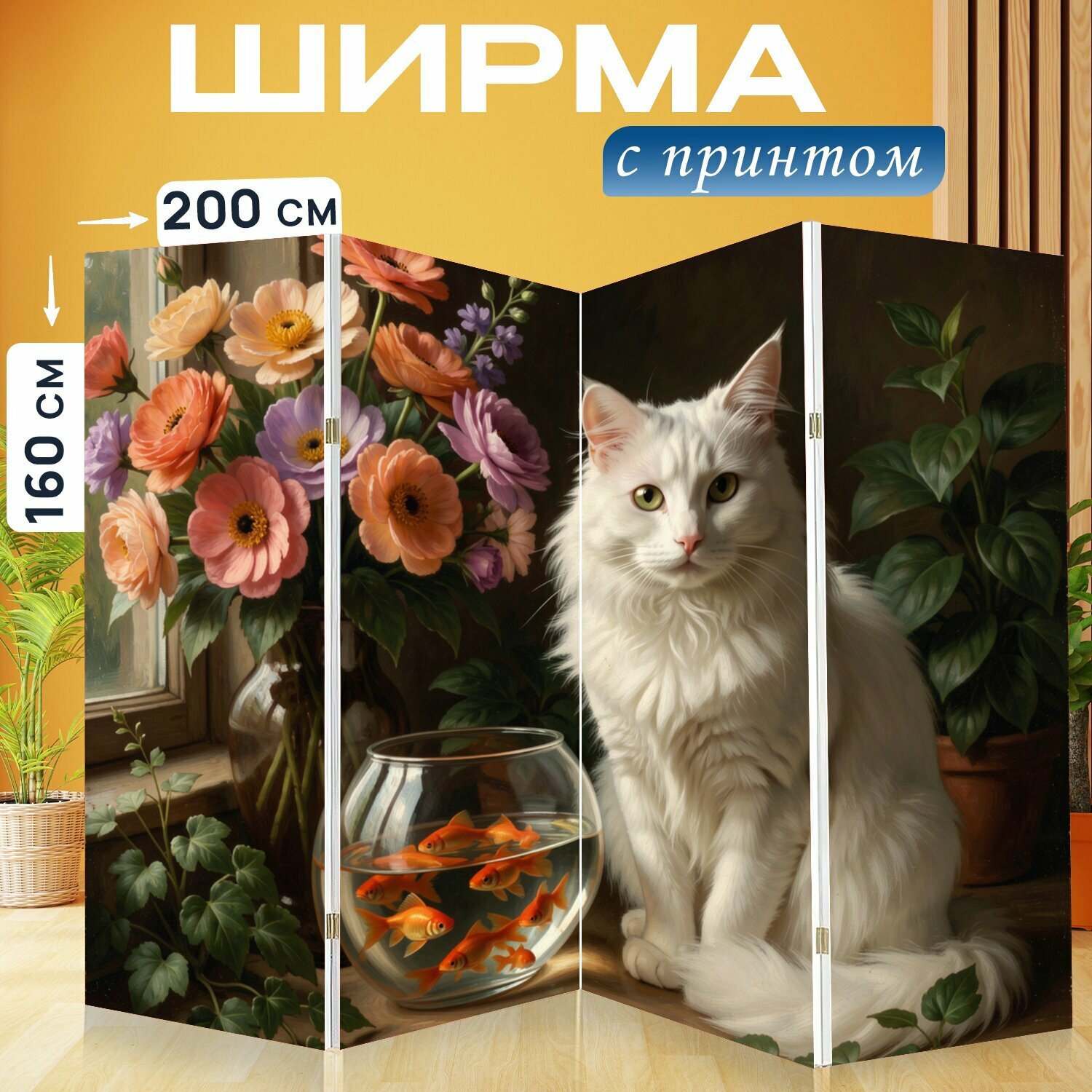 Ширма "Белый кот у аквариума с рыбками. Пушистая кошка рядом с круглой стеклянной чашей с золотыми рыбами." перегородка для зонирования комнаты с принтом 200x160 см. на холсте