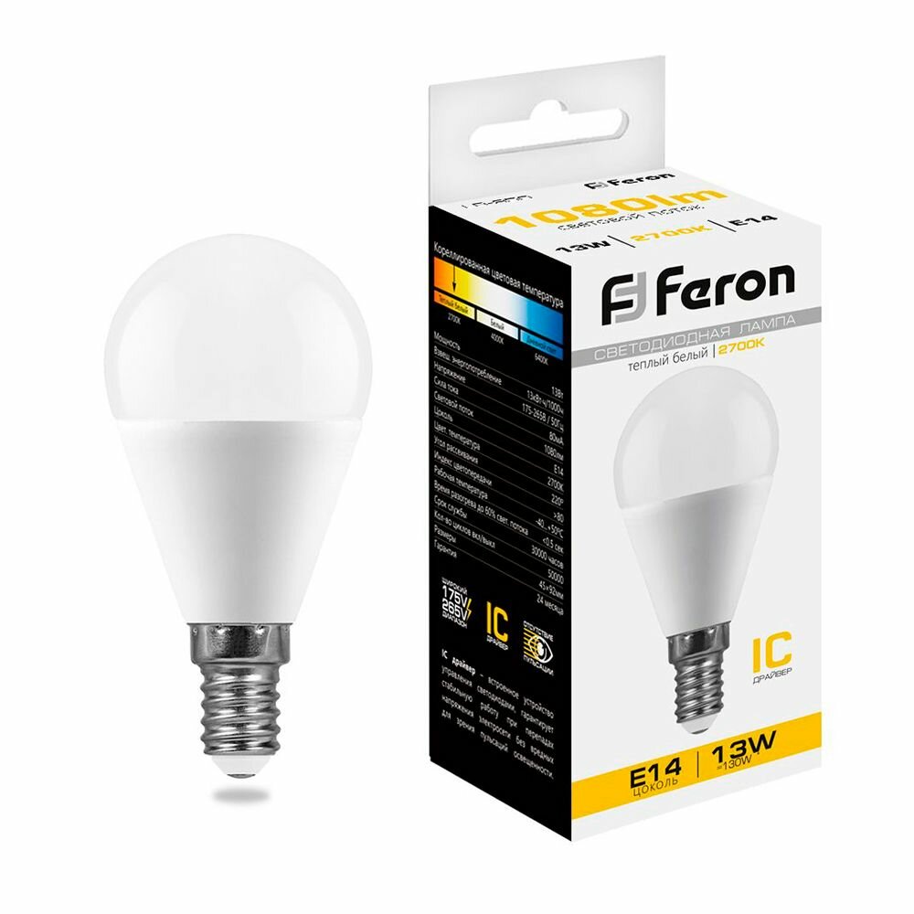 Лампа светодиодная E14 13 Вт G45 шар теплый белый свет 2700K Feron LB-950 38101