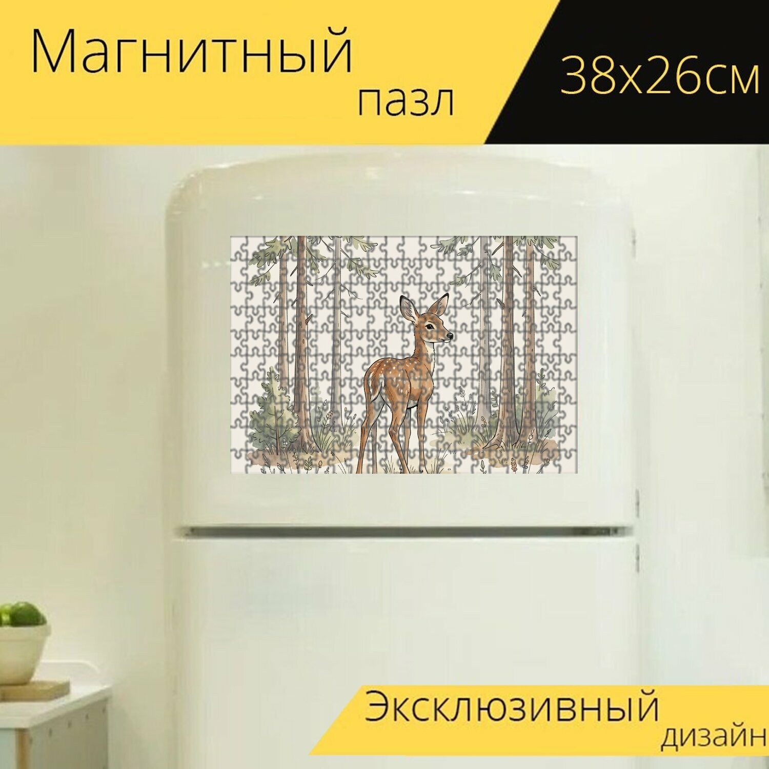 Магнитный пазл "Олененок в лесу акварелью. Нежная иллюстрация с лесным детенышем среди высоких сосен и трав. Пастельные бежевые, зеленые и коричневые." для интерьера, 38х26 см.