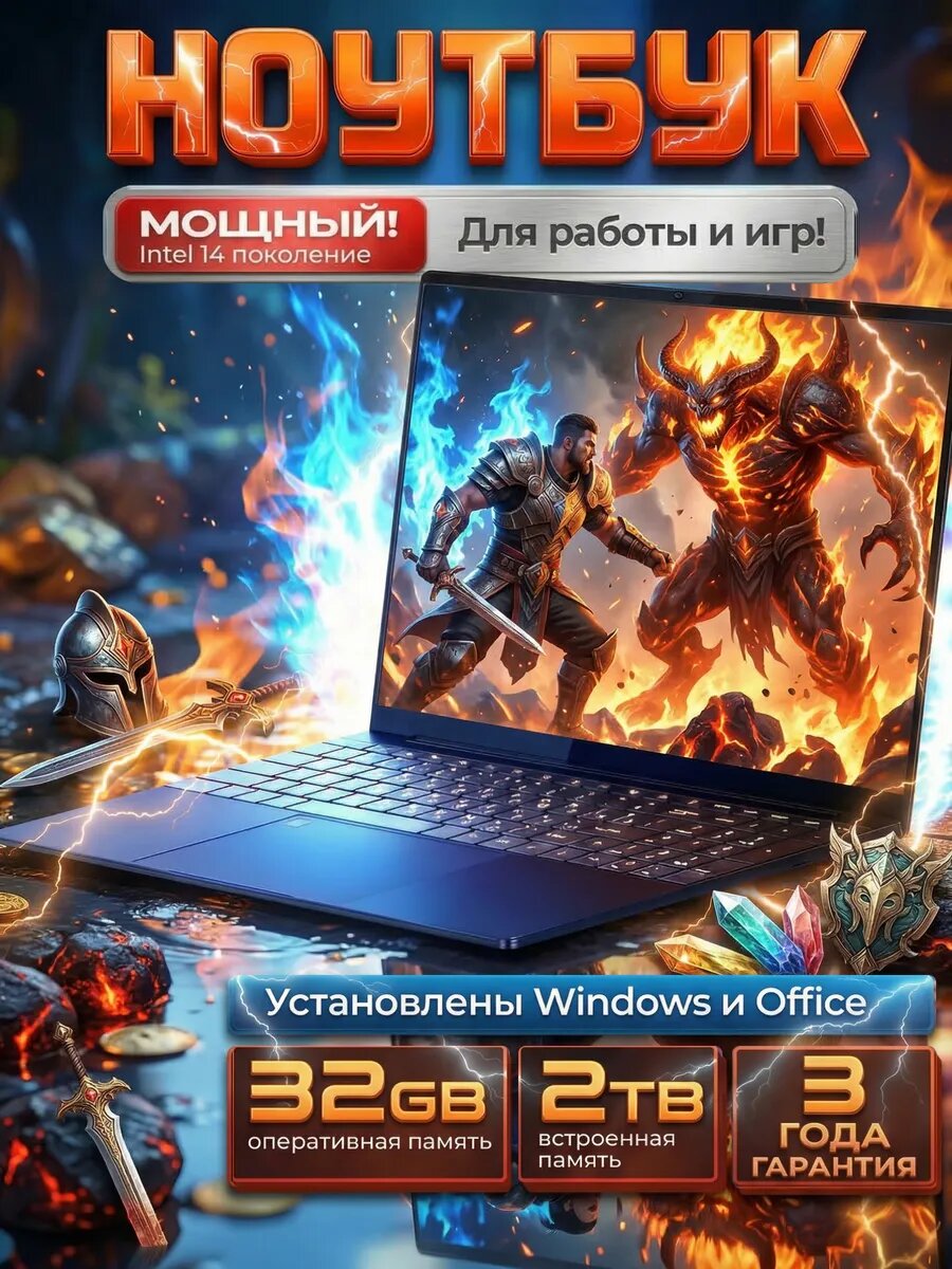 Ноутбук игровой 2026 Intel H-series, RAM 32GB, SSD 2048GB, IPS + Windows, Office